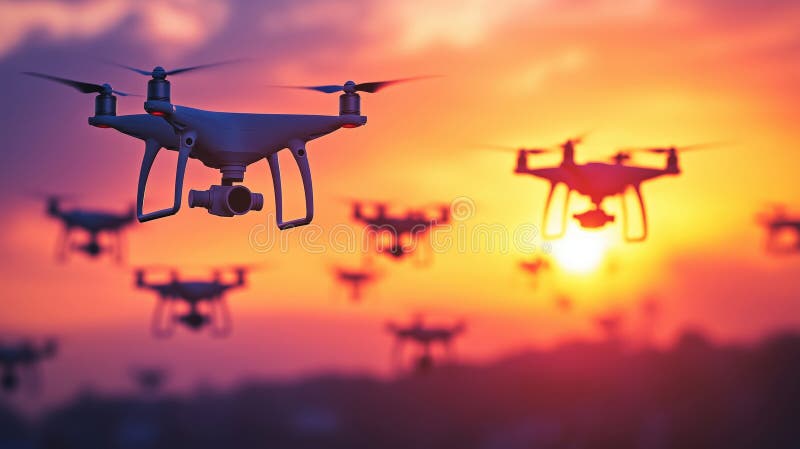 Drones Flying at Sunset, Vibrant Sky, Multiple Drones Stock Image ...