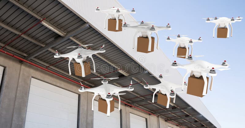 Drones Flying in Warehouse with Delivery Parcel Box Stock Illustration ...