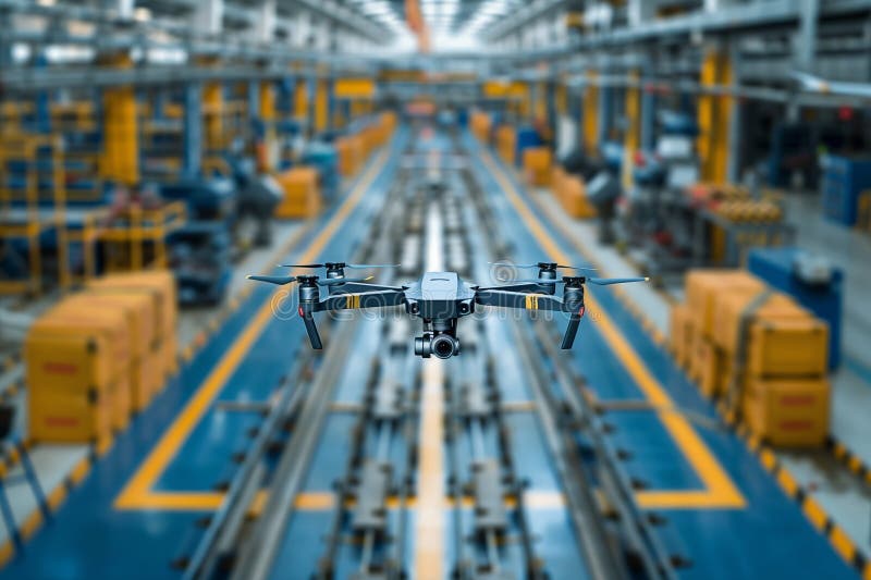 Drones Hover Above Assembly Lines in a Large Factory, Illustrating the ...