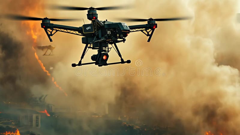 Drones Hover Over a Devastated Urban Area Filled with Smoke and Fire As ...