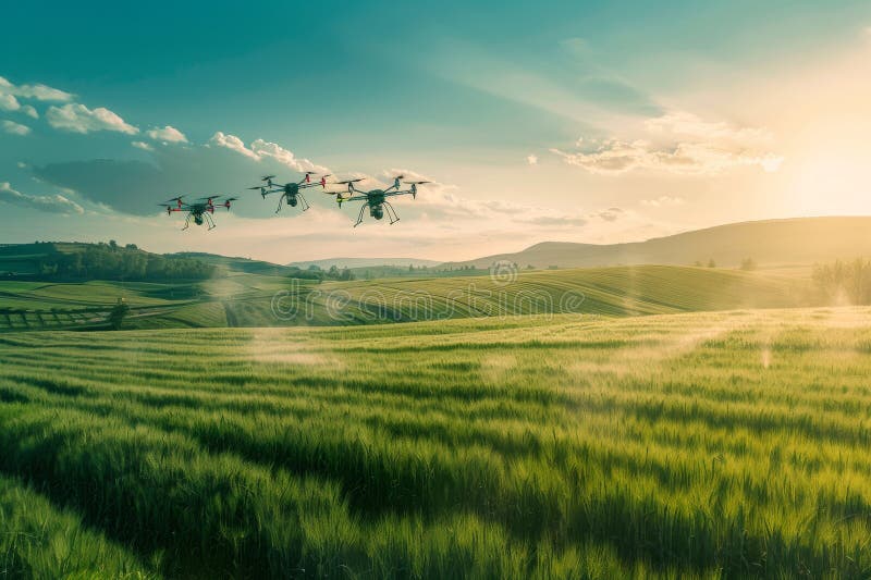 Drones Hover Over a Field of Crops, Spraying Them with Precision Under ...