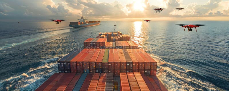 Drones Inspecting Cargo Ship in Ocean during Sunset for Logistics and ...