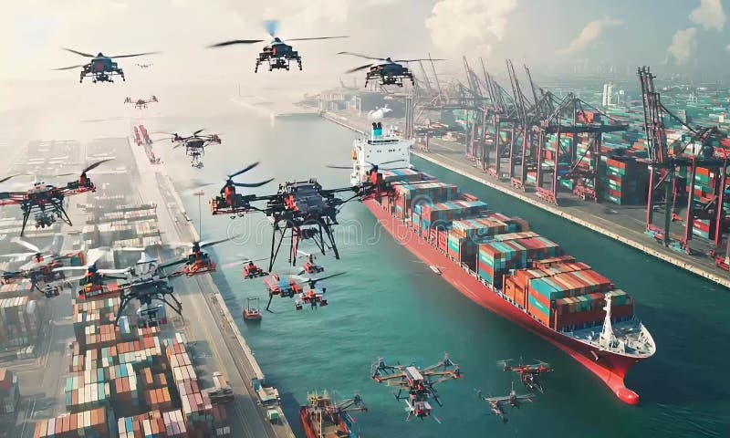 Drones Inspecting Cargo Ship at Port - a Fleet of Drones Inspects a ...