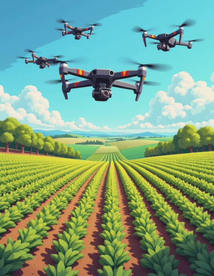 Drones Mapping Agricultural Field Rows from Above, Showcasing Modern ...