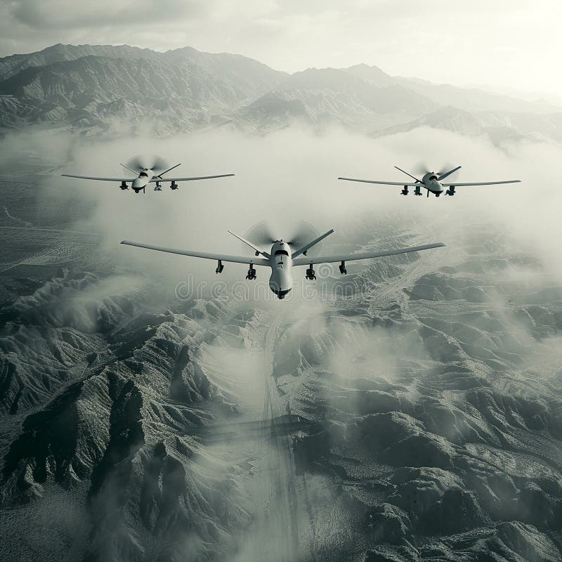 Three Military Drones Flying Over Rugged Mountain Landscape during ...
