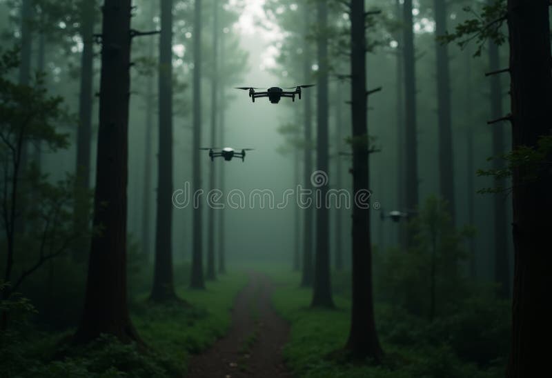 Drones Navigate through a Misty Forest Pathway Surrounded by Tall Trees ...