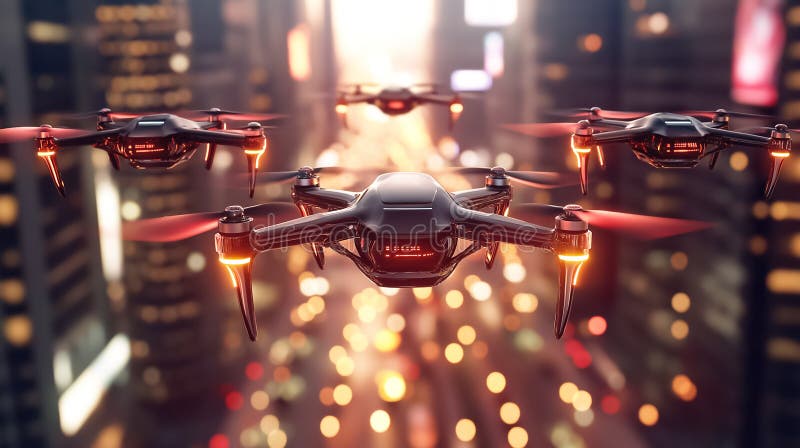 Drones Navigate through Vibrant Urban Landscape with Glowing City ...