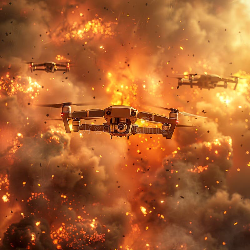 Drones Navigating through Dark Smoke and Explosions in a War Zone at ...
