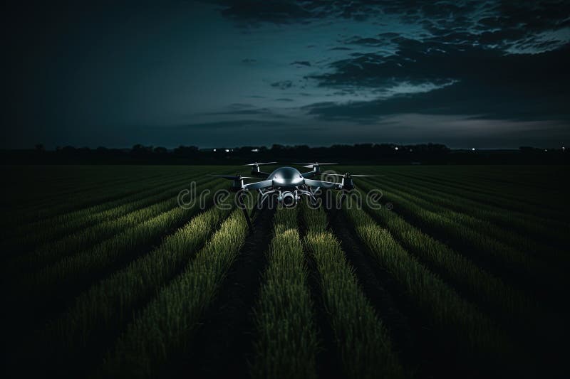 Drones at Night Flying Over Vast Agricultural Fields, Advanced Farming ...