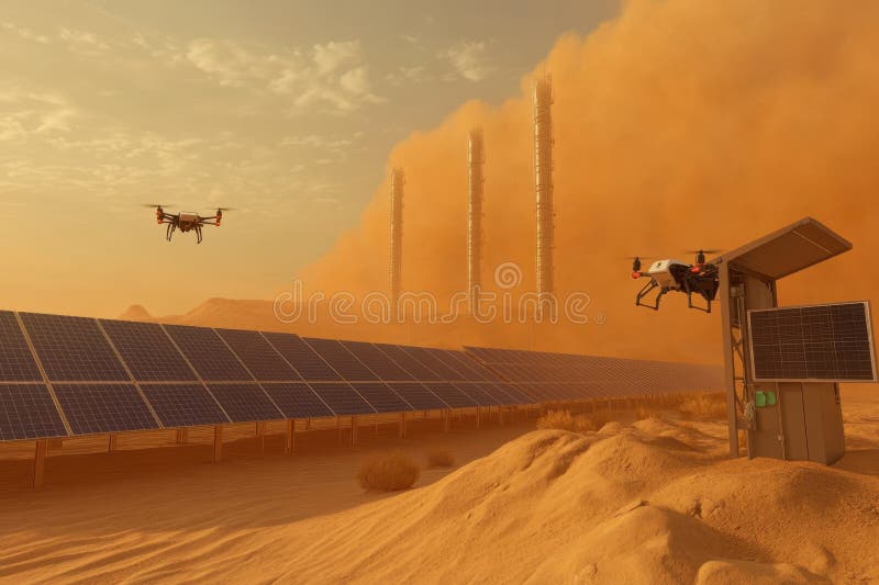 Drones Operate Over Solar Panels in a Desert Environment Amid Dust ...