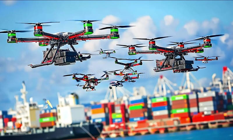 Drones Over Cargo Ship - Several Drones Flying Over a Cargo Ship in a ...