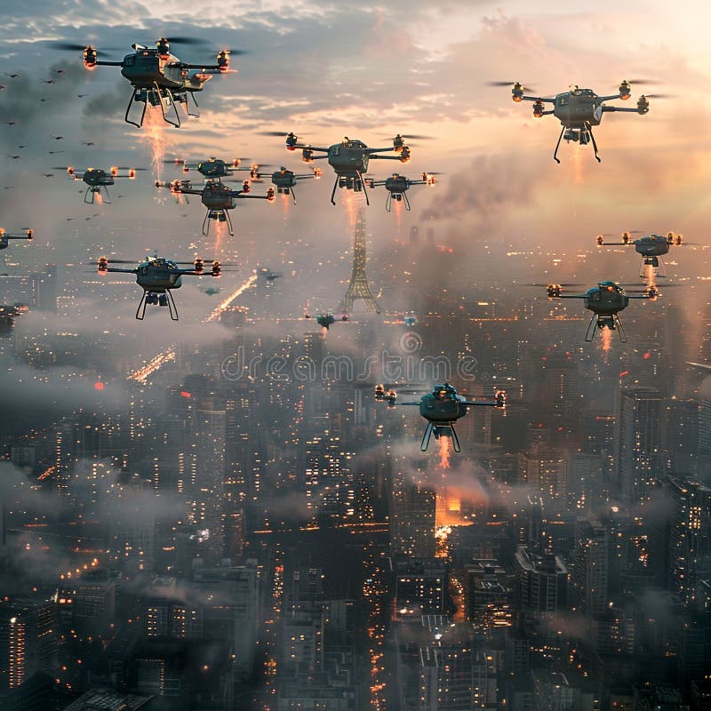 Drones Over Cityscape at Dusk with Eiffel Tower in Background Stock ...