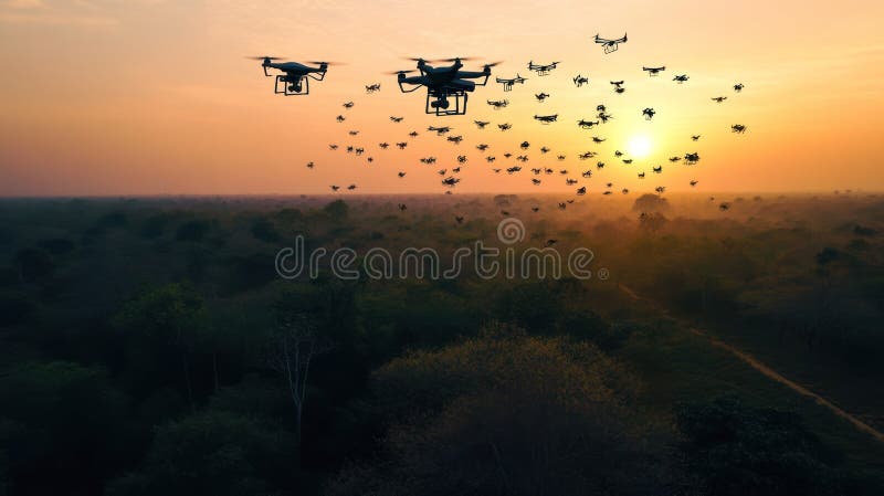 Drones Over Field with Factory in Background Stock Illustration ...