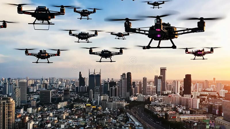 Drones Over Metropolis Skyline Stock Footage - Video of sunrise, future ...