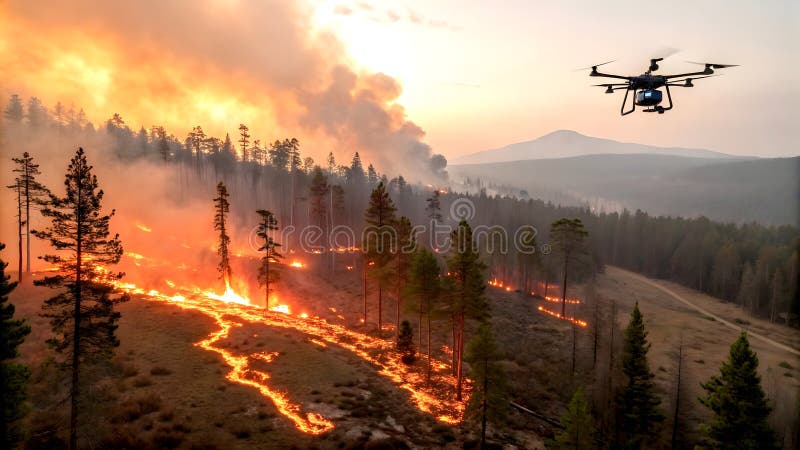 Drones Overseeing a Forest Fire at Sunset with Smoke and Flames Rising ...