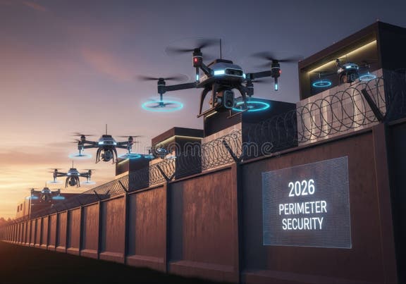 Of Drones Patrolling a Perimeter Wall with 2026 Perimeter Security Sign at Sunset Stock ...