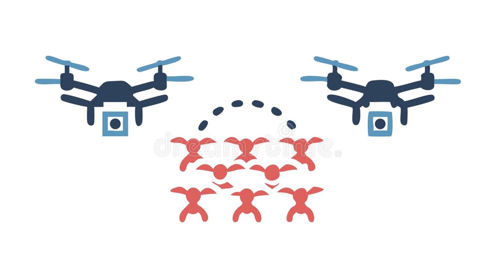 Drones and People Formation, Collaborative Technology and Human Interaction, Vector Design ...