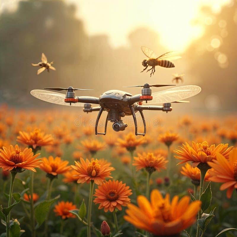 Drones Pollinate Flowers in a Vibrant Garden Stock Illustration ...