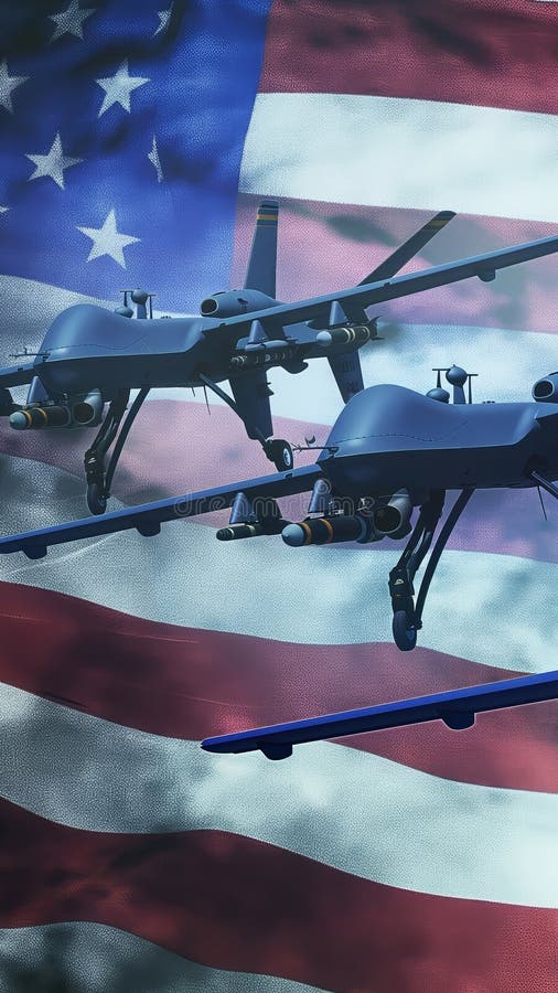 Military Drones Flying Over the American Flag in Formation with ...