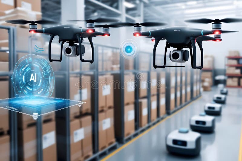Drones and Robots in a Smart Warehouse Stock Illustration ...