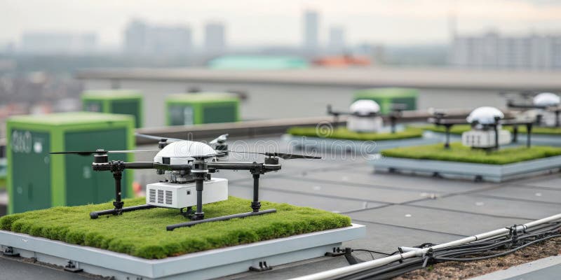 Drones on Rooftop with Greenery in Urban Setting for Eco-Friendly ...