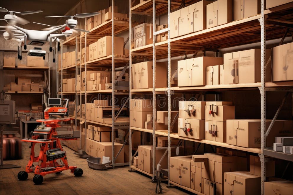 Drones Scanning Barcodes on Storage Shelves Stock Illustration ...