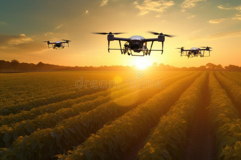 Drones Spray Fertilizer on the Field at Sunset. Generative AI Stock ...