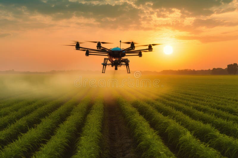 Drones Spray Fertilizer on the Field at Sunset. Generative AI Stock ...
