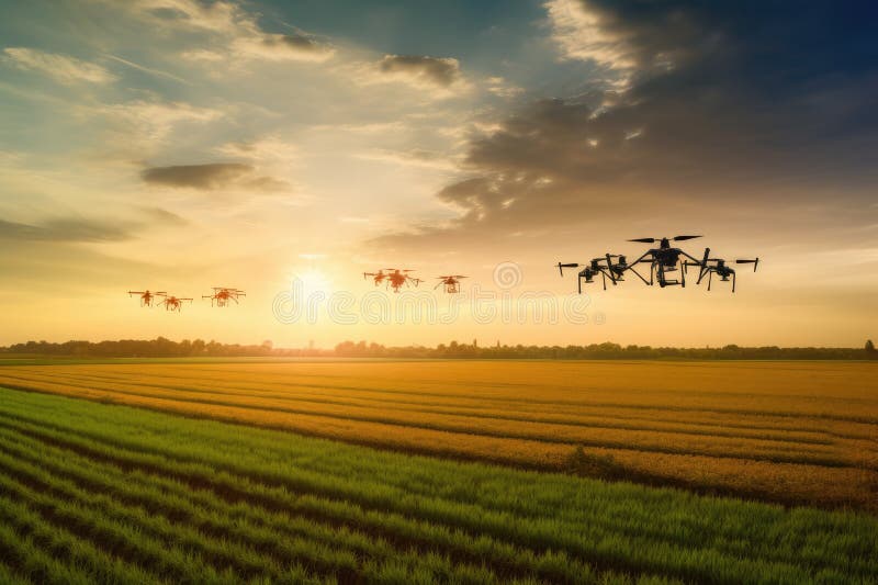 Drones Spray Fertilizer on the Field at Sunset. Generative AI Stock ...
