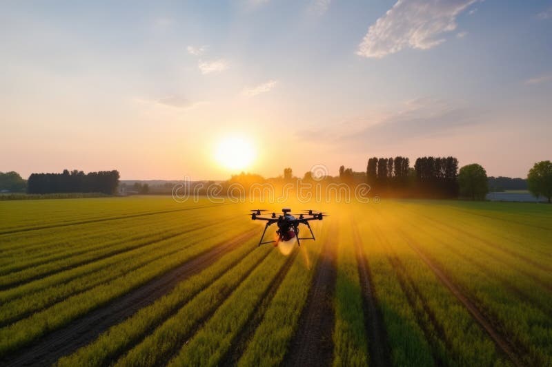 Drones Spray Fertilizer on the Field at Sunset. Generative AI Stock ...