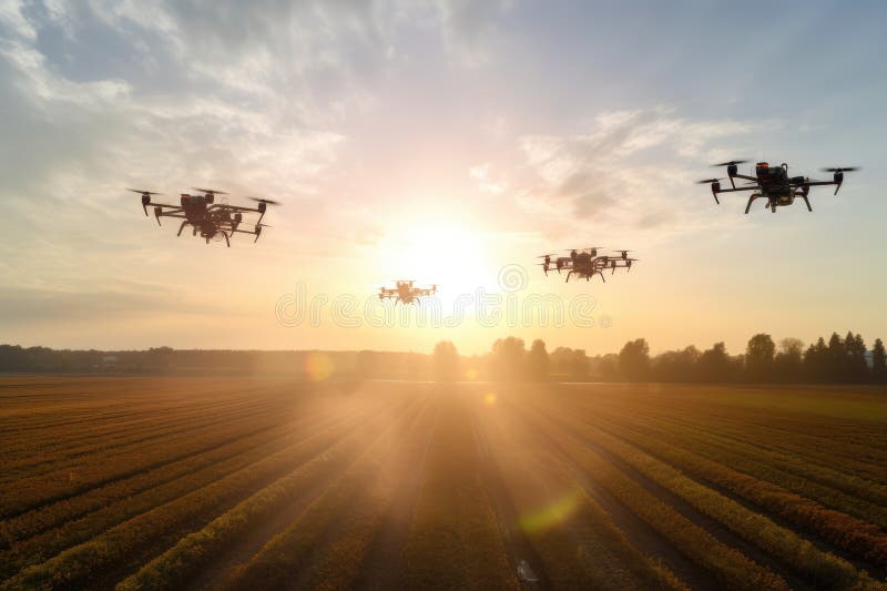 Drones Spray Fertilizer on the Field at Sunset. Generative AI Stock ...