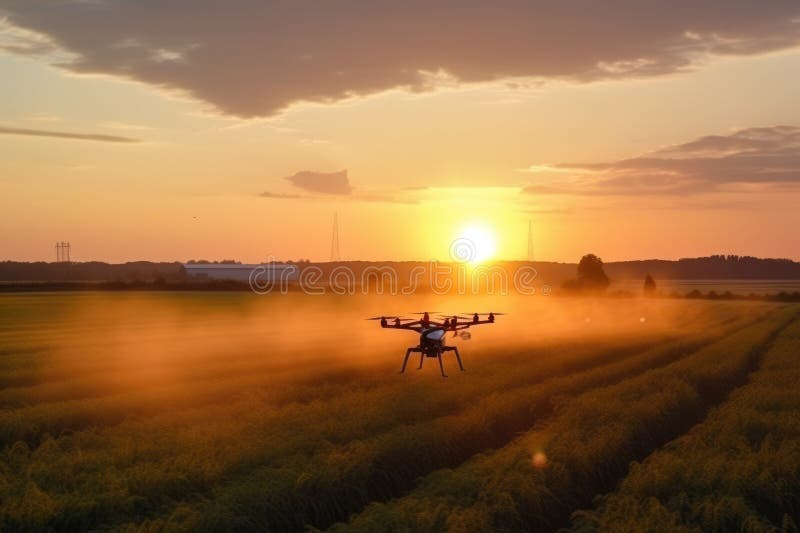 Drones Spray Fertilizer on the Field at Sunset. Generative AI Stock ...