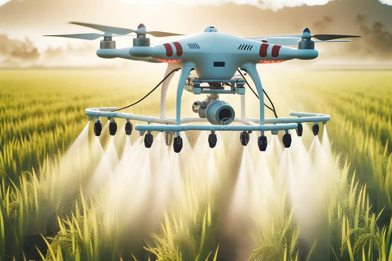 Drones Spraying Pesticides on Rice Plants in a Rice Field Stock ...