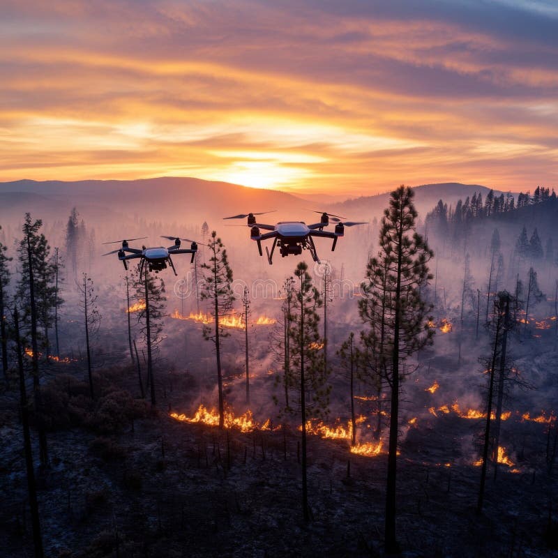 Drones Surveying Forest Fire Damage at Sunset Over Smoky Landscape ...
