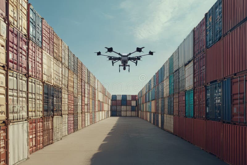 Drones Surveying a Shipping Container Yard on a Clear Day Stock Image ...