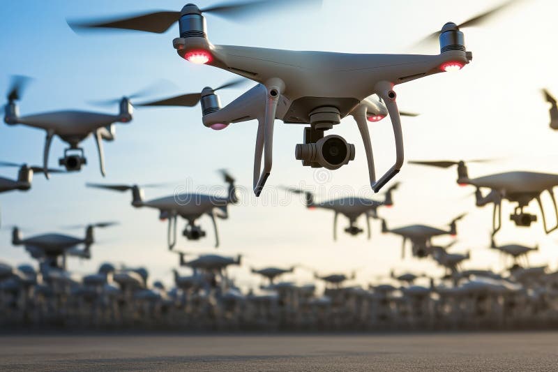 Drones Take Flight during a Sunset Over an Open Field in a Coordinated Display Stock Image ...