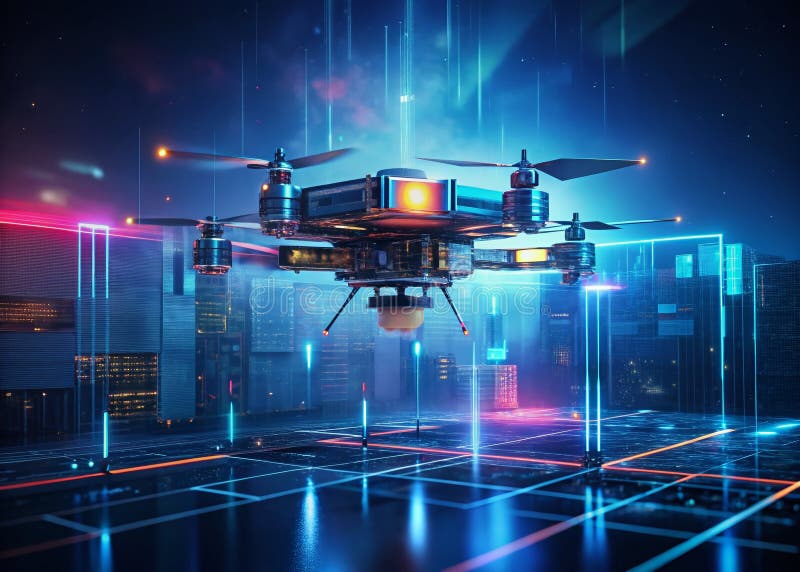 A DronesEye View Abstract Industrial Interface with Glowing Futuristic Screens Exploring the ...