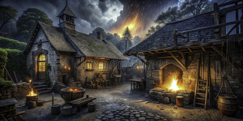 A DronesEye View of a Medieval Blacksmiths Epic Forge Hyperrealistic ...