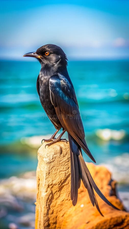 Drongo bird sits sea stock illustration. Illustration of design - 329155481