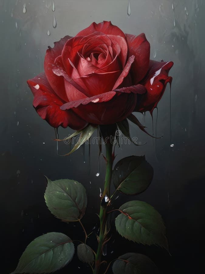Drooping Red Rose with Water Droplets on Petals and Dark Background ...