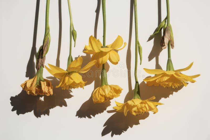 Drooping Yellow Daffodil Flowers with Shadows on White Background Stock ...