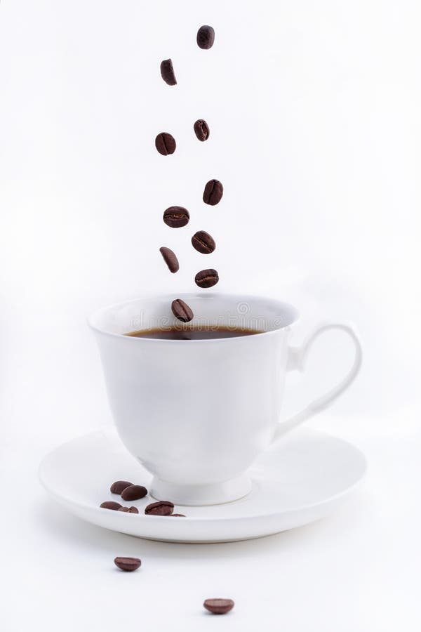 Drop in a Cup of Coffee Beans Isolated on White. Stock Photo - Image of ...
