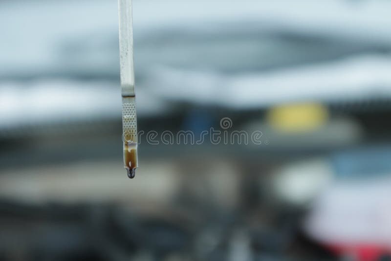 A Drop of Engine Oil Falls from the Oil Dipstick of a Car Engine Stock ...