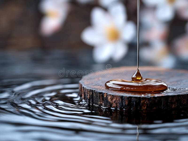 A Drop of Honey Dripping from a Tree Stump into a Pool of Water Stock ...