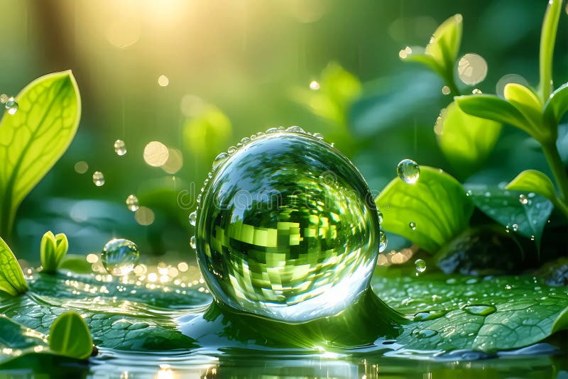 Drop on Leaves. Round Drop with Reflection Close-up Stock Illustration ...