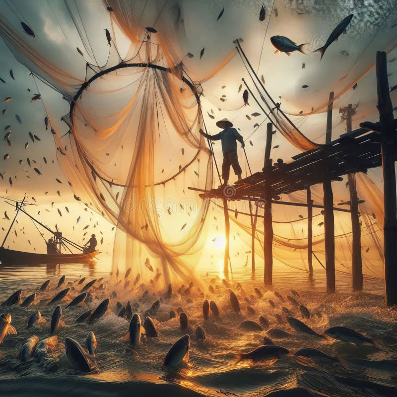 Drop Netting Using a Net Lowered from a Pier or Boat To Scoop Up Stock ...