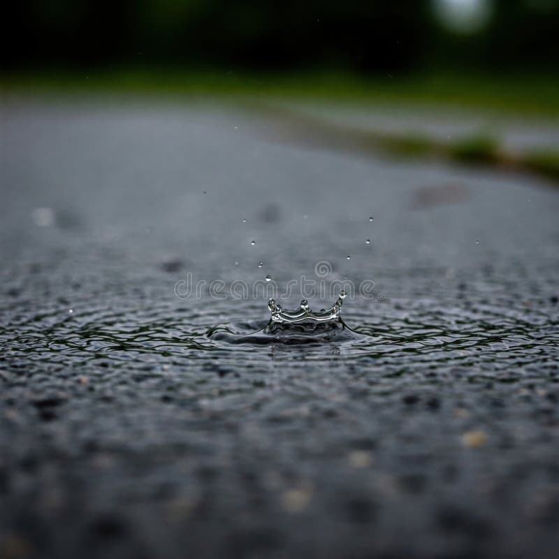 A Drop of Rain Falls on the Asphalt and Forms a Crown of Splashes ...