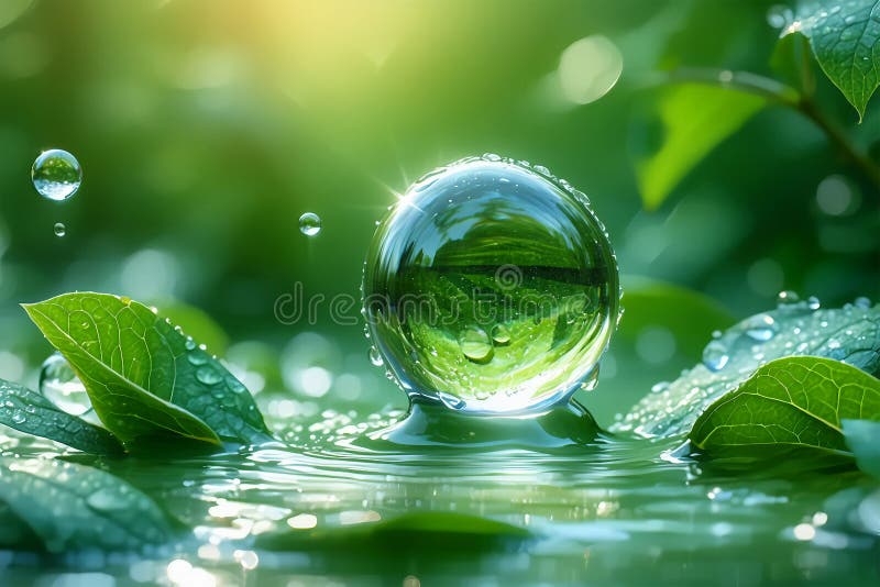 Drop with Reflection. Big Round Drop on Leaves Stock Illustration ...