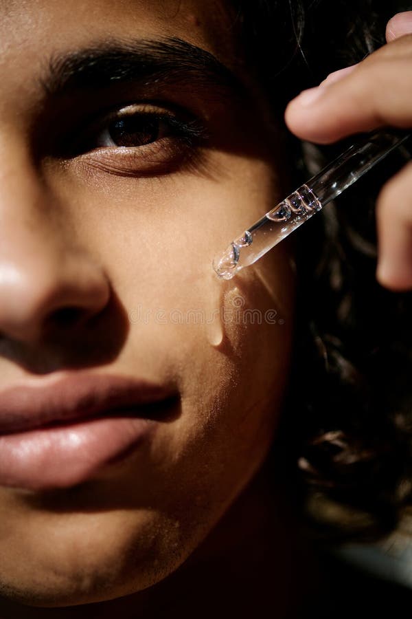 Drop of Serum Running on Male Cheek Stock Image - Image of multiracial ...