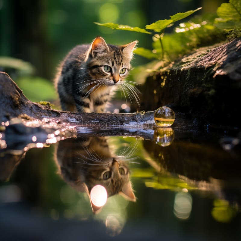 Kitten is Reflected in Water Stock Illustration - Illustration of reflected, green: 330151752